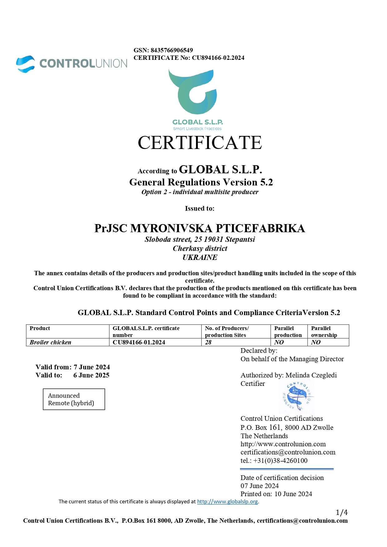 Global G.A.P. - Qualiko. Frozen chicken meat